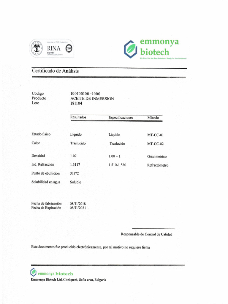 Aceite de Inmersion Emmonya Biotech 11-2021 | PDF