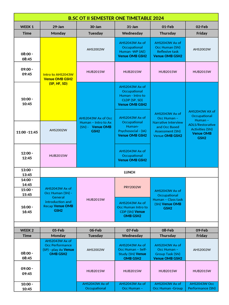 AHS2043W FIRST SEMESTER 2024 TIMETABLE_25012024 | PDF | Nervous System | Neuroscience