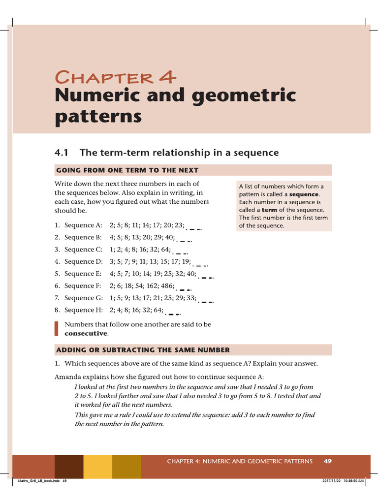 GR 8 Chapter 4 Numeric and Geometric Patterns LB | PDF