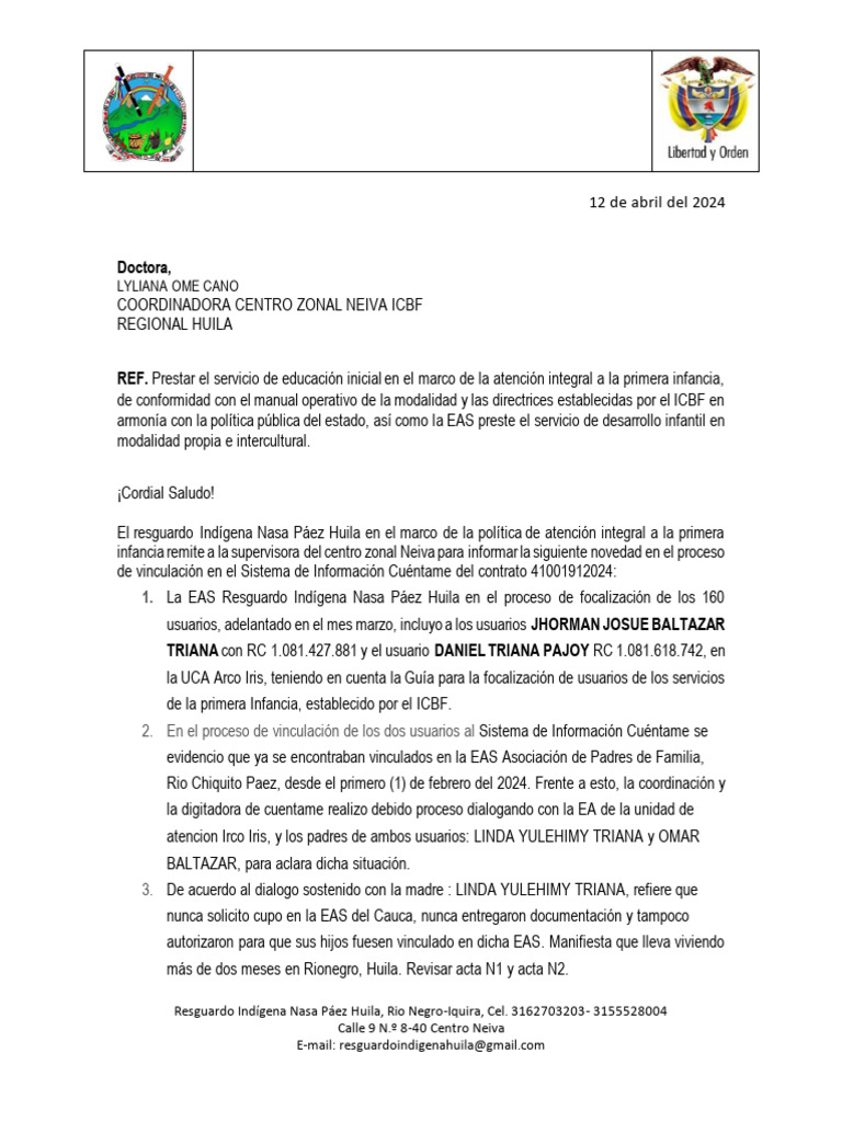 Oficio para Icbf. | PDF