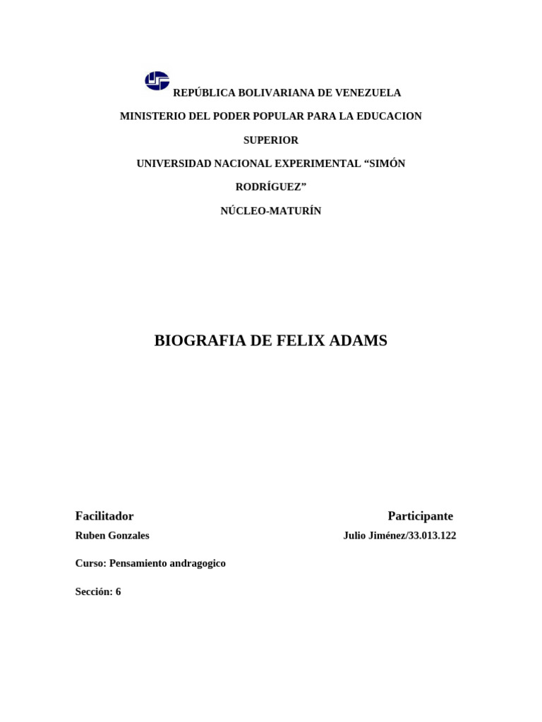 Felix Adams Biografia | PDF | Venezuela | Educación en artes liberales