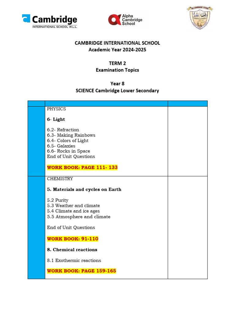 Ay24-25 T - 2 Exam Topics Y8 Science | PDF