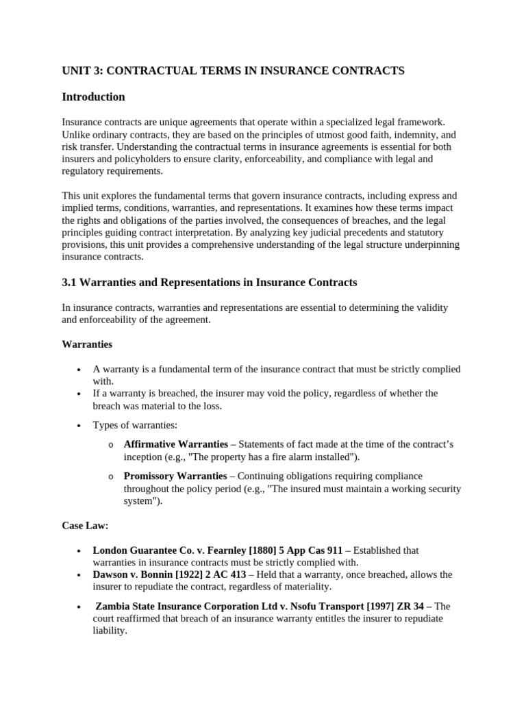 Contractual Terms in Insurance Law | PDF | Insurance | Breach Of Contract