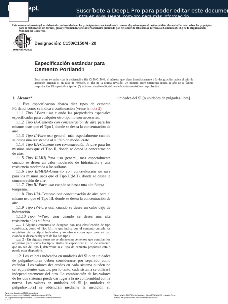 Astm C 150 - Esp - 2020 - Especificacion Estandar para Cemento Portland ...