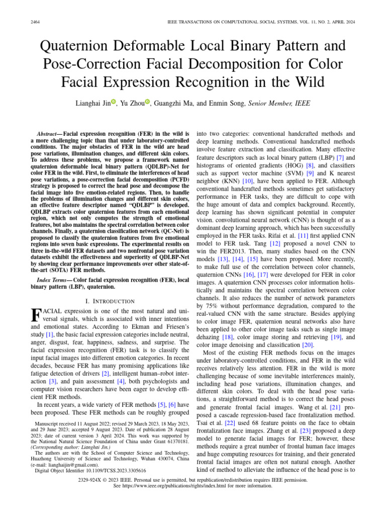 Quaternion Deformable Local Binary Pattern And Pose Correction Facial