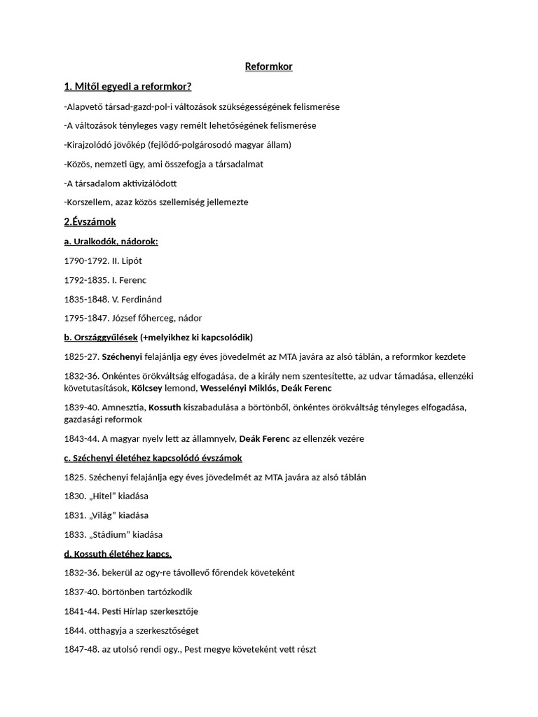 Reformkor Osszefoglalas | PDF