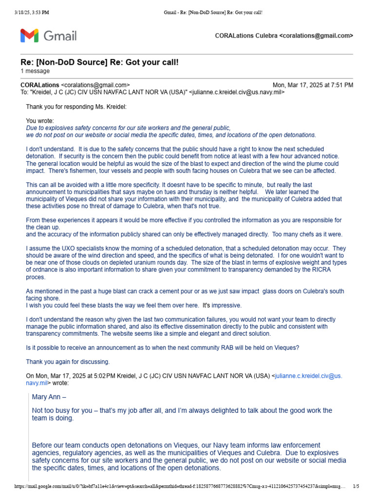 UXO Vieques_ Gmail - Re_ [Non-DoD Source] Re_ Got Your Call! | PDF