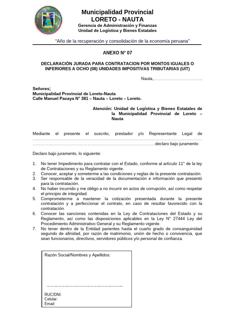 ANEXO #07 - Declaración Jurada Proveedores | PDF