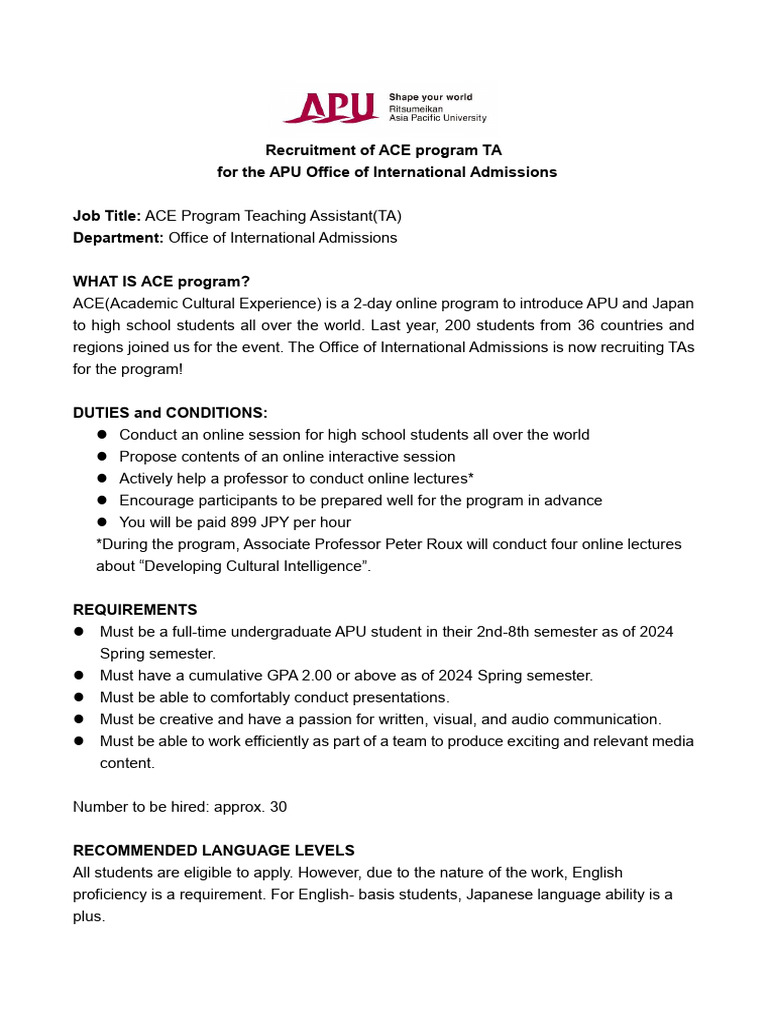 ACE TA Application Handbook | PDF | Teaching Assistant