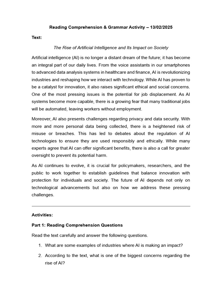 Reading Comprehension & Grammar Activity - 13.02.2025 | PDF | Artificial Intelligence ...
