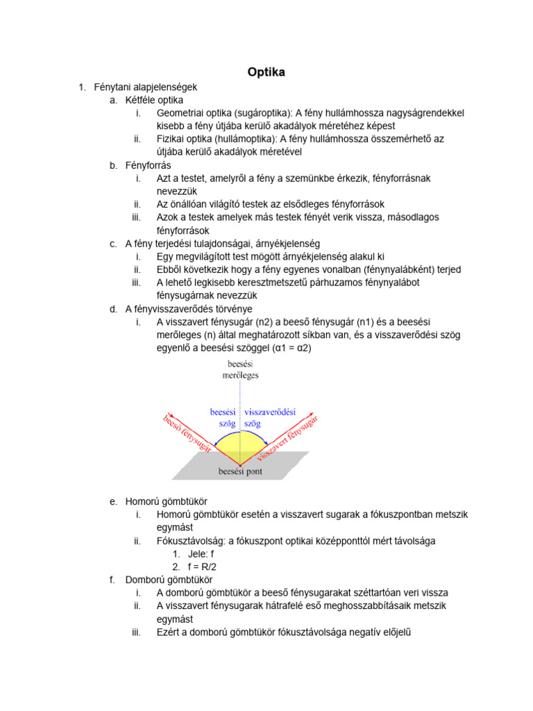 Optika Összefoglaló | PDF