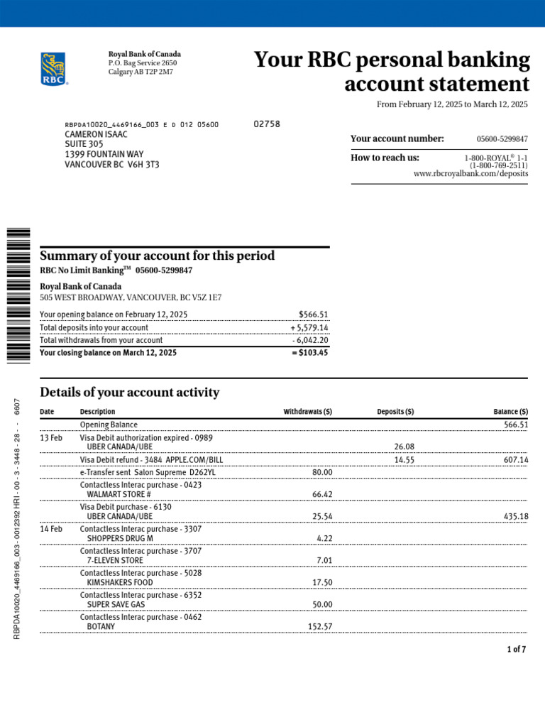 Your RBC Personal Banking Account Statement | PDF | Debit Card | Payments