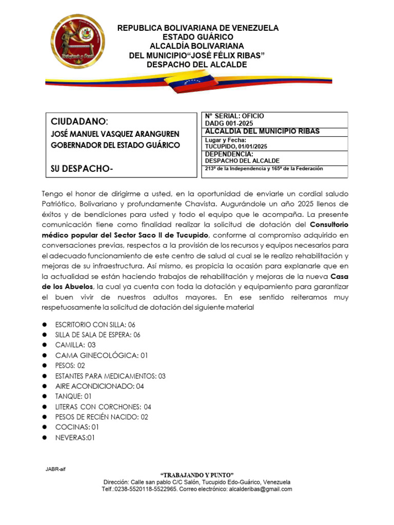 Oficio para El Gobernador José Manuel Vasquez Aranguren | PDF