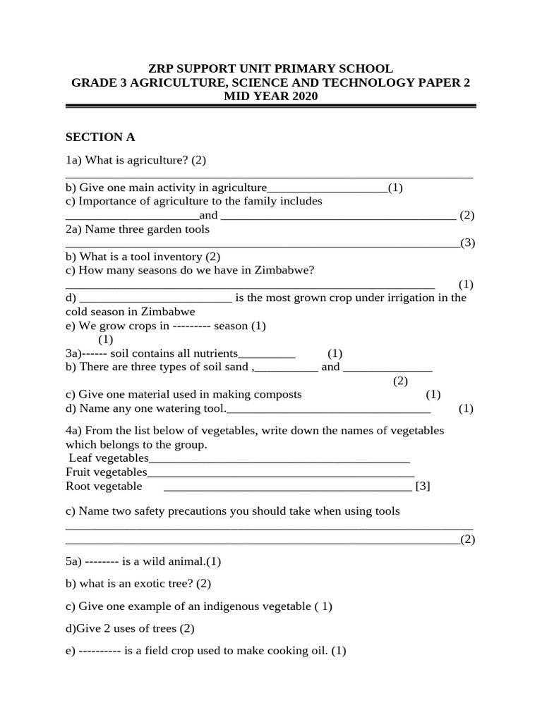 Grade 3 Agriculture Exam Paper 2020 | PDF | Vegetables | Agriculture