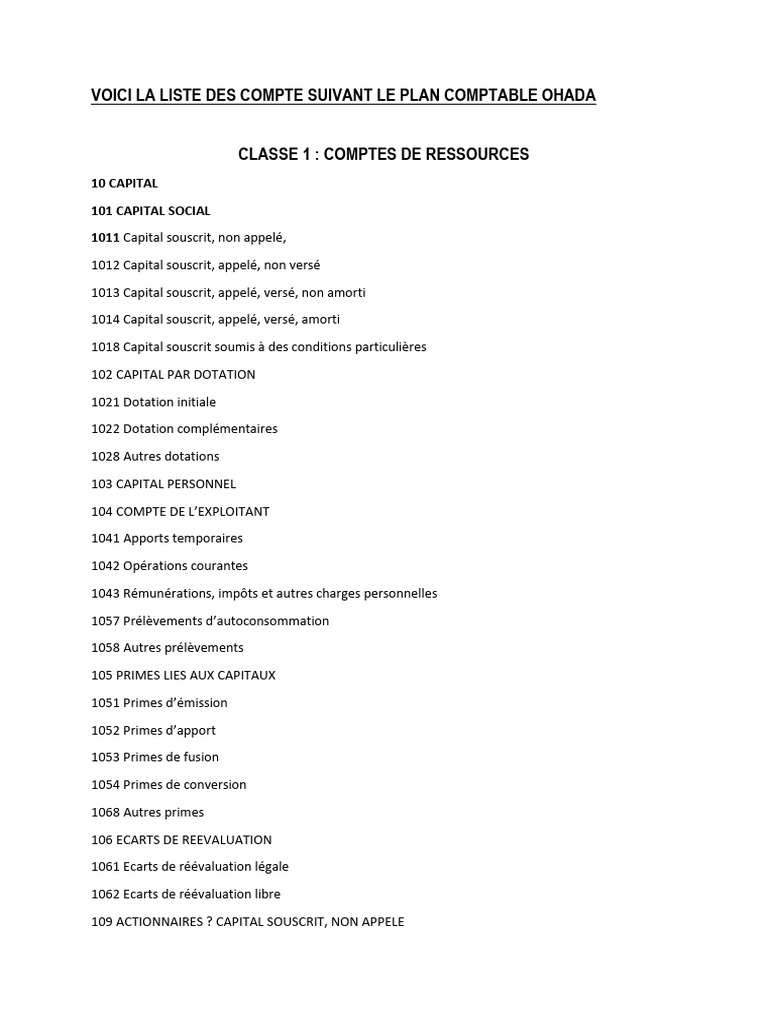 Liste Des Compte Suivant Le Plan Comptable Ohada | PDF | Impôts | Taxe ...