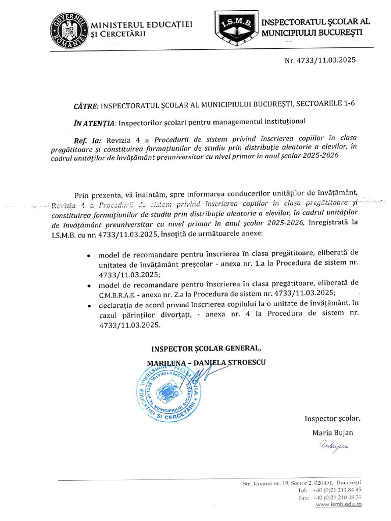 Adresa ISMB Nr. 4733 Din 11.03.2025 Procedura Inscriere Clasa Pregatitoare 2025-2026 Cu Anexe | PDF