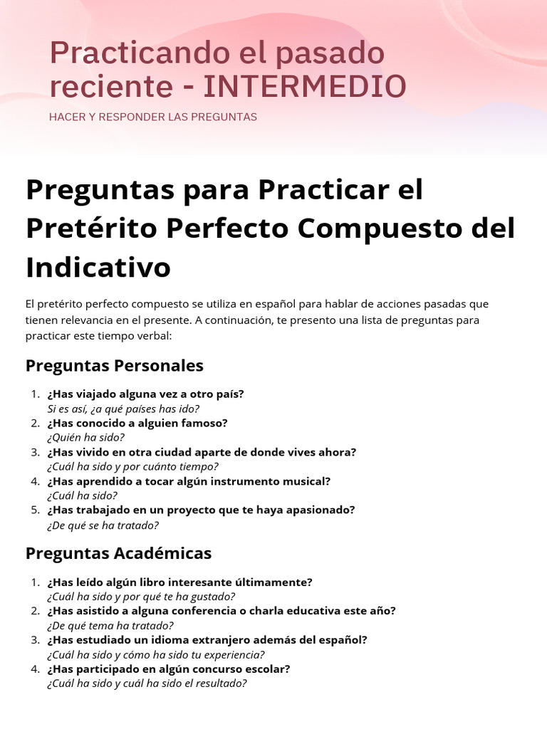 Preguntas para Practicar El Pretérito Perfecto Compuesto Del Indicativo ...
