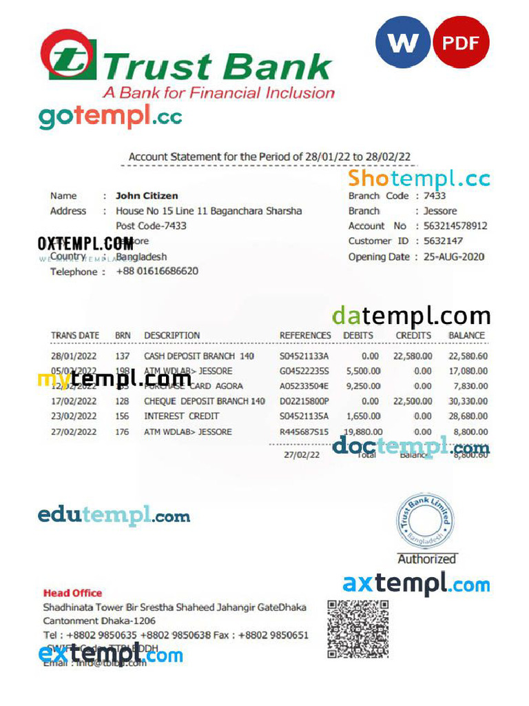 Doctempl - Bangladesh Trust Bank Statement Template Word and PDF | PDF
