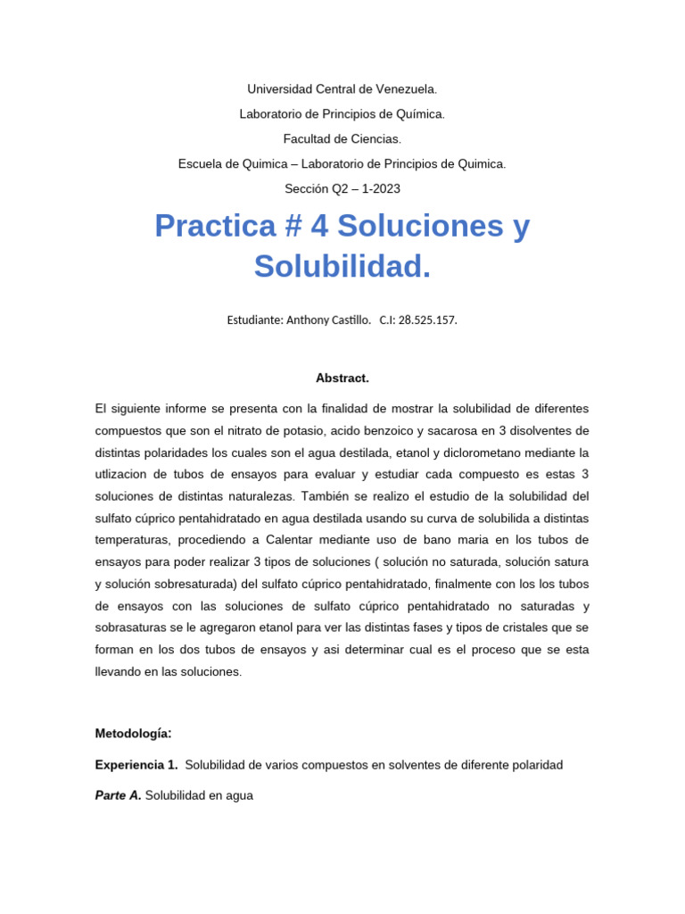 Informe 4. Castillo Anthony. Elsy Bastidas. | PDF | Polaridad química | Sal (química)
