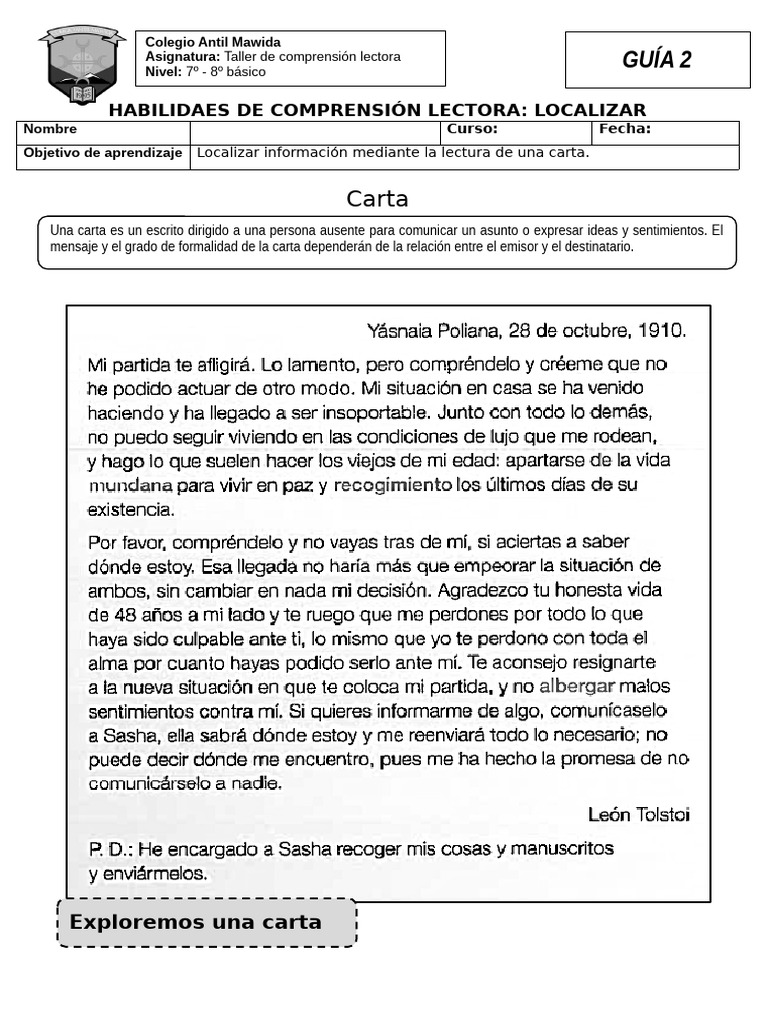 Comprensión Lectora: Localizar Información en Cartas | PDF ...
