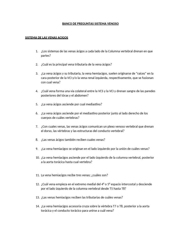 Sistema Venoso Banco de Preguntas Sin Resolver | PDF | Vena | Hígado
