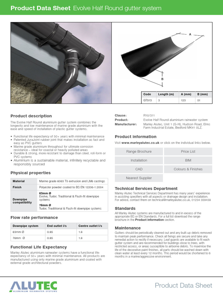 Marley Alutec Product Data Sheet Evolve Half Round Gutter | PDF | Materials | Building Materials