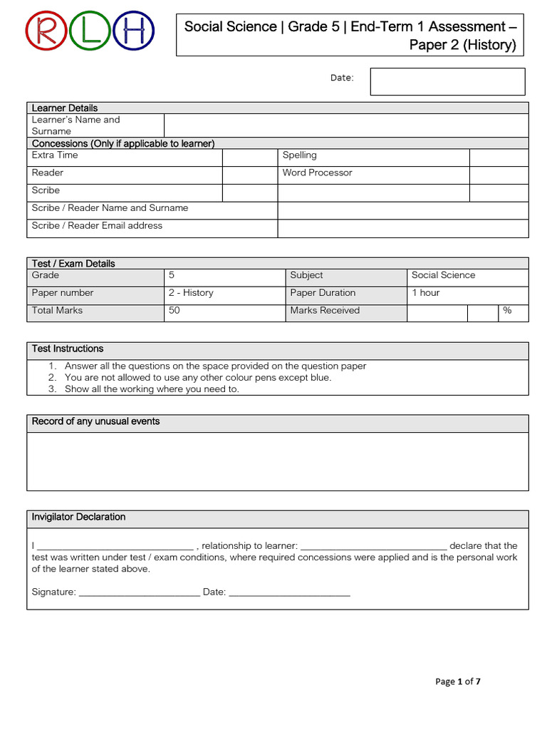 Grade 5 Social Science End Term 1 Assessment P2 History | PDF | Question