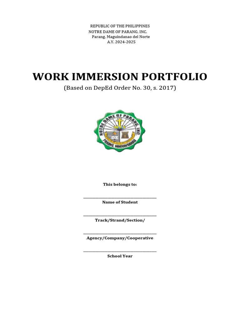 WORK IMMERSION PORTFOLIO Based On DepEd-st.-michael | PDF | Job Interview | Leadership