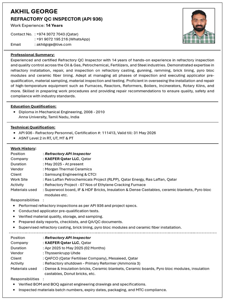 AKHIL GEORGE - CV - Refractory QC Inspector - API 936 Certified | PDF | Refractory | Materials