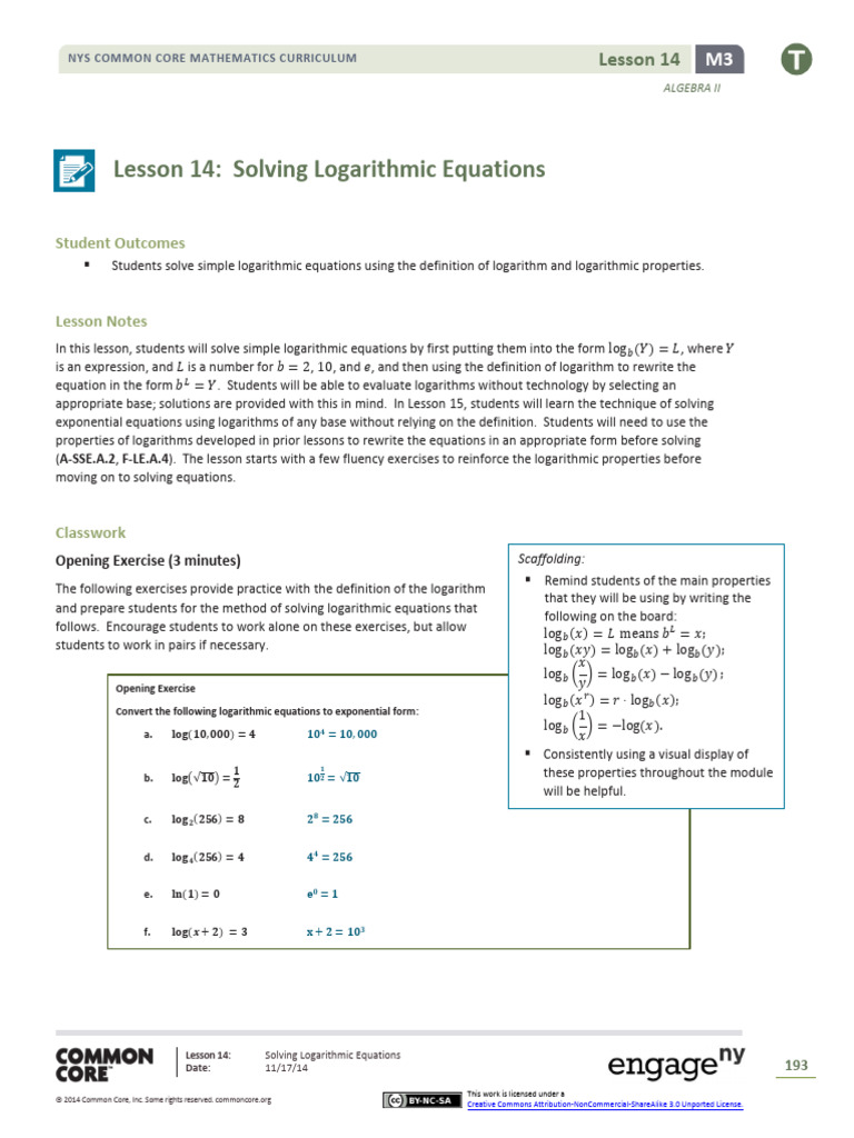 Algebra II m3 Topic b Lesson 14 Teacher (1) | PDF | Equations | Logarithm