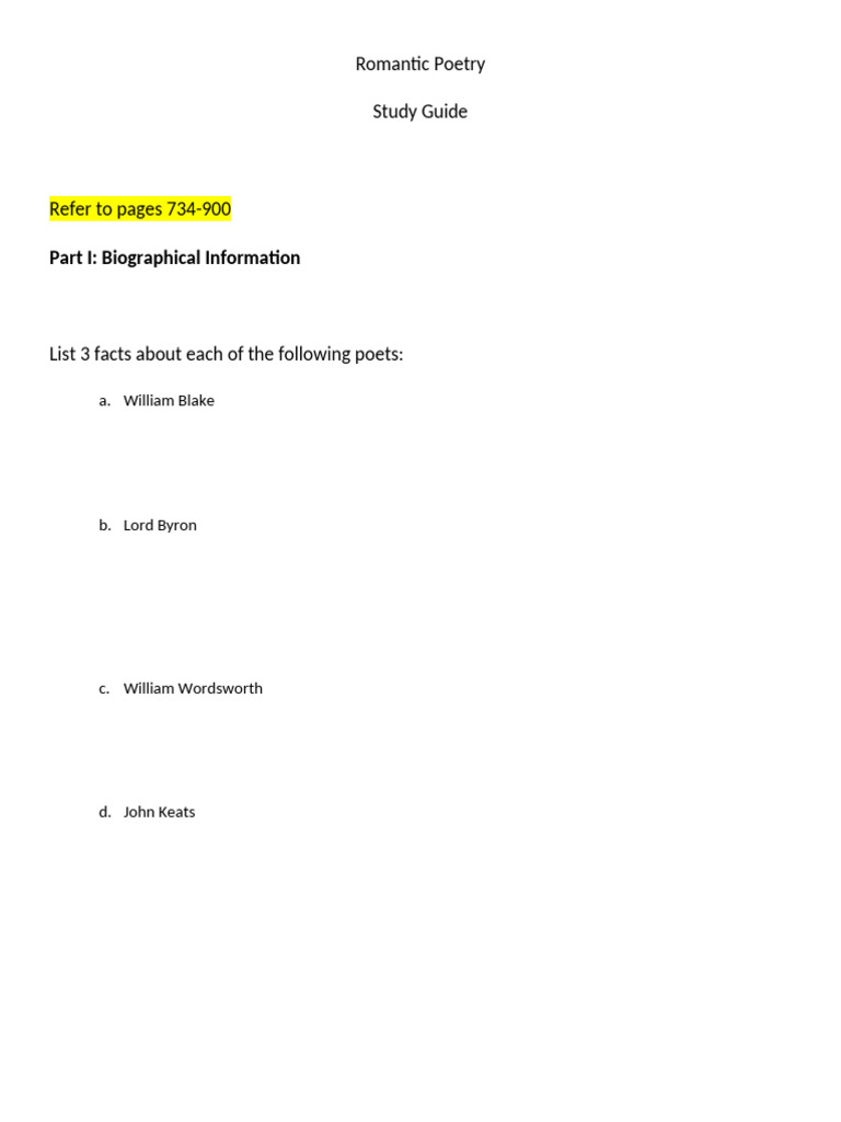 Romantic Poetry Test Review | PDF