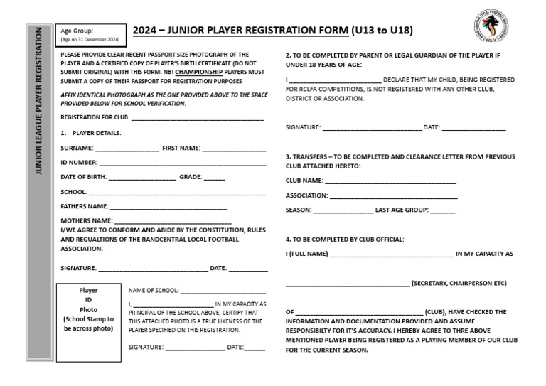 Junior Player Registration Form U13-U18 | PDF | Birth Certificate ...