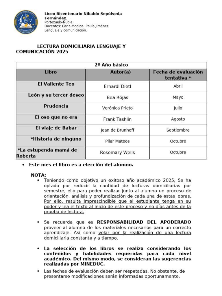 Lecturas Domiciliaras 2do Basico 2025 | PDF