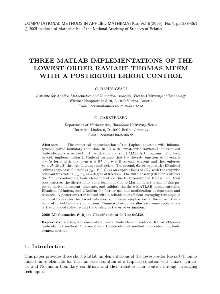 2005-BC CC-Three MATLAB Implementations Lowest-Order Raviart-Thomas MFEM | PDF | Finite Element ...