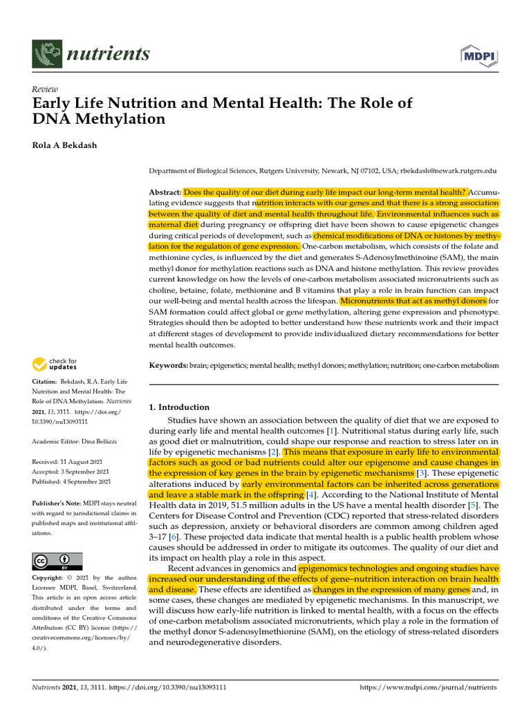 Early Life Nutrition and Menta | PDF | Methylation | Epigenetics