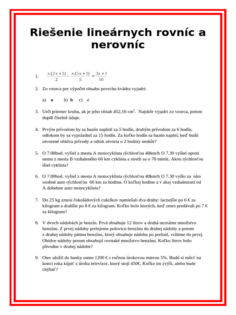 Rovnice Nerovnice Slovne Ulohy | PDF