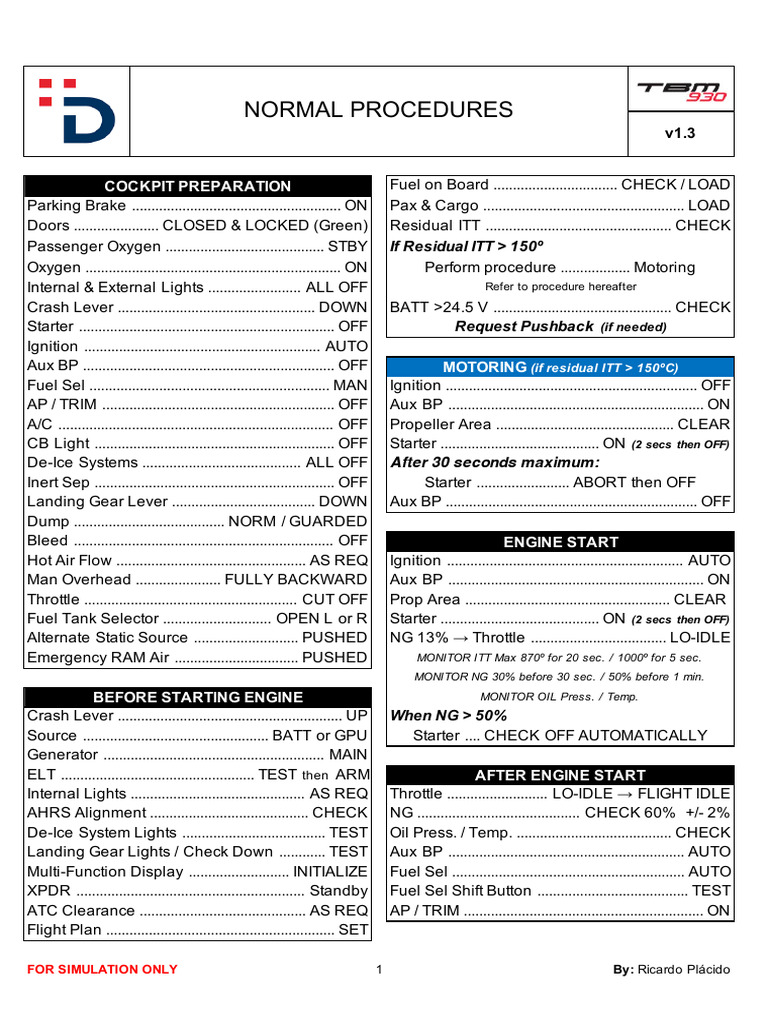 Checklist TBM930 v1.3 | PDF | Aviation | Aircraft