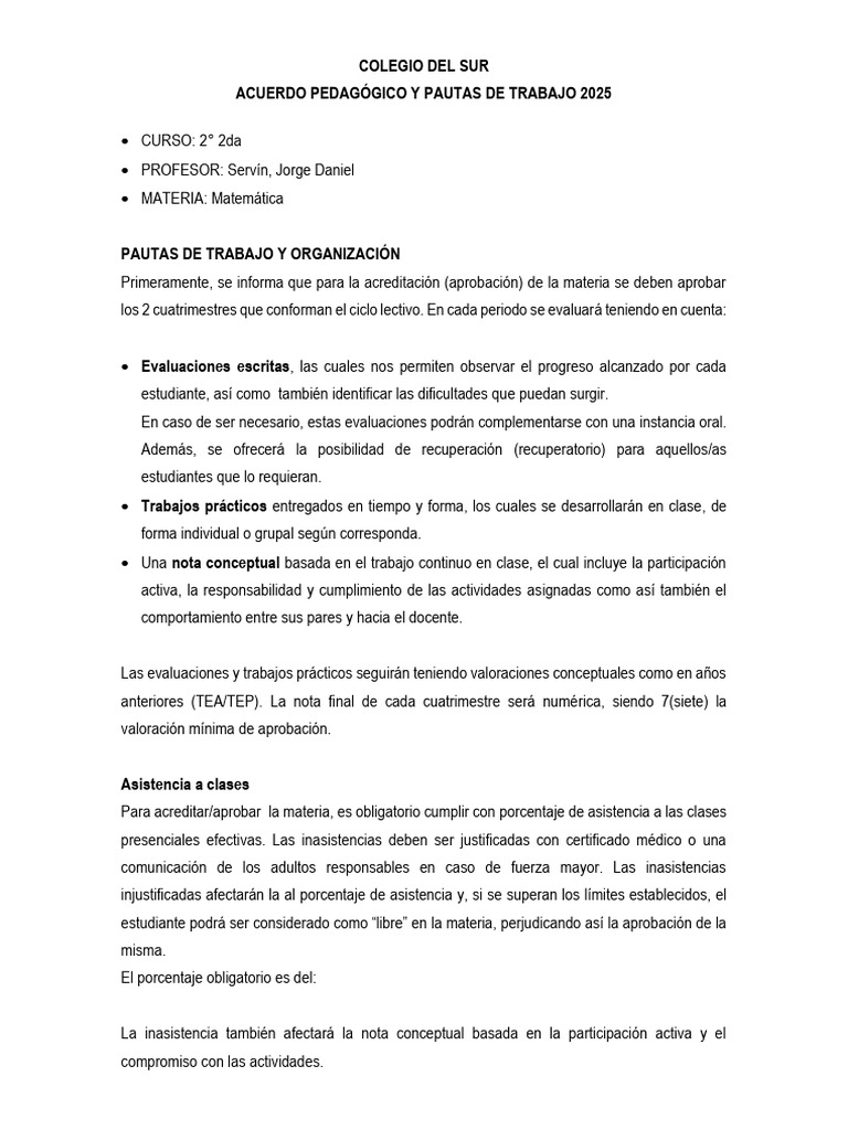 ACUERDO Y PAUTAS DE TRABAJO (2do A-O) PDF | PDF | Aprendizaje