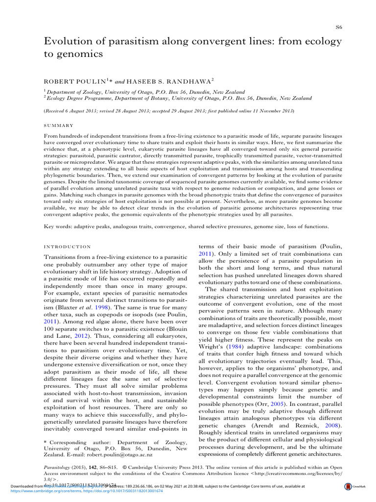 Evolution of Parasitism: Ecology to Genomics | PDF | Parasitism | Evolution