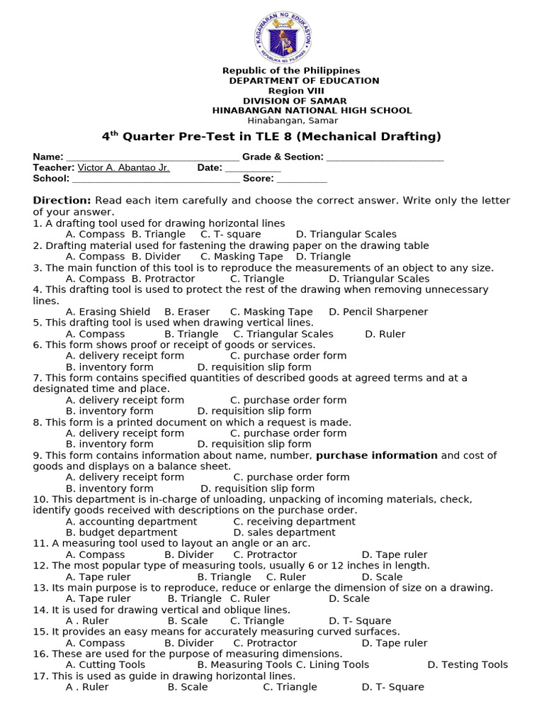 TLE 8 Mechanical Drafting Pre-Test | PDF | Triangle | Drawing