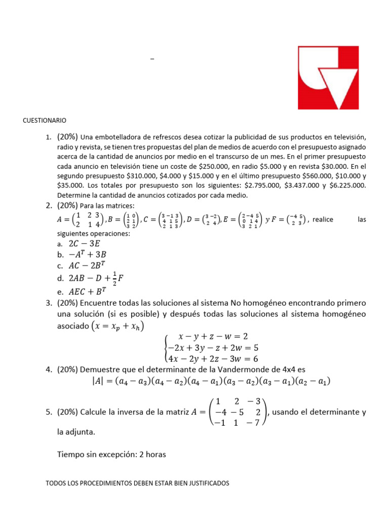 Primer Examen Parcial Algebra Lineal | PDF | Matriz (Matemáticas) | Determinante