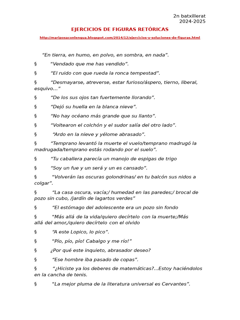 Ejercicios de Figuras Retóricas 2º Bachillerato | PDF