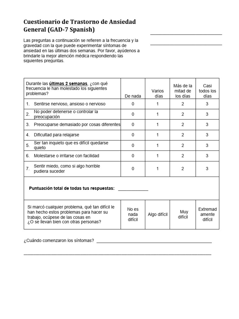 GAD 7 Spanish PDF | PDF | Experiencia subjetiva | Determinantes de la salud