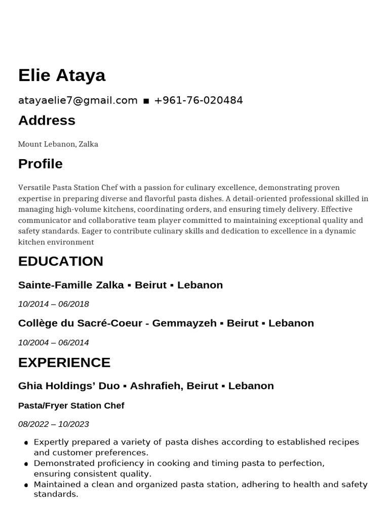 Elie Ataya Resume 2024 | PDF | Pasta | Chef