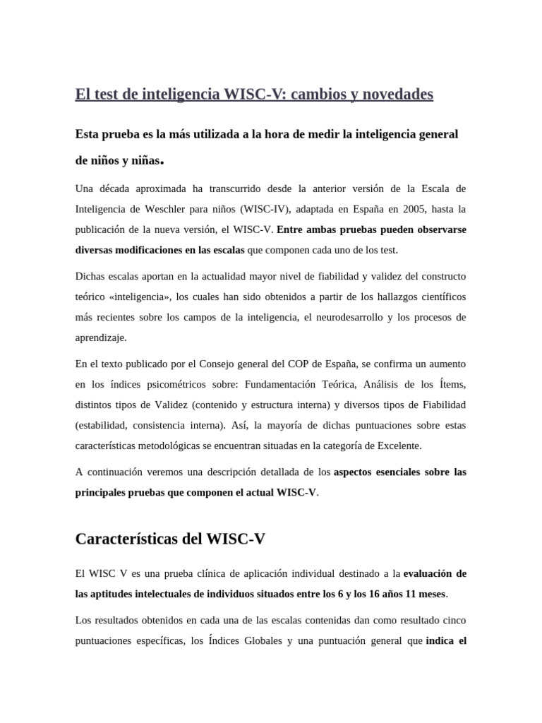 Novedades en el test WISC-V de inteligencia | PDF | Inteligencia ...