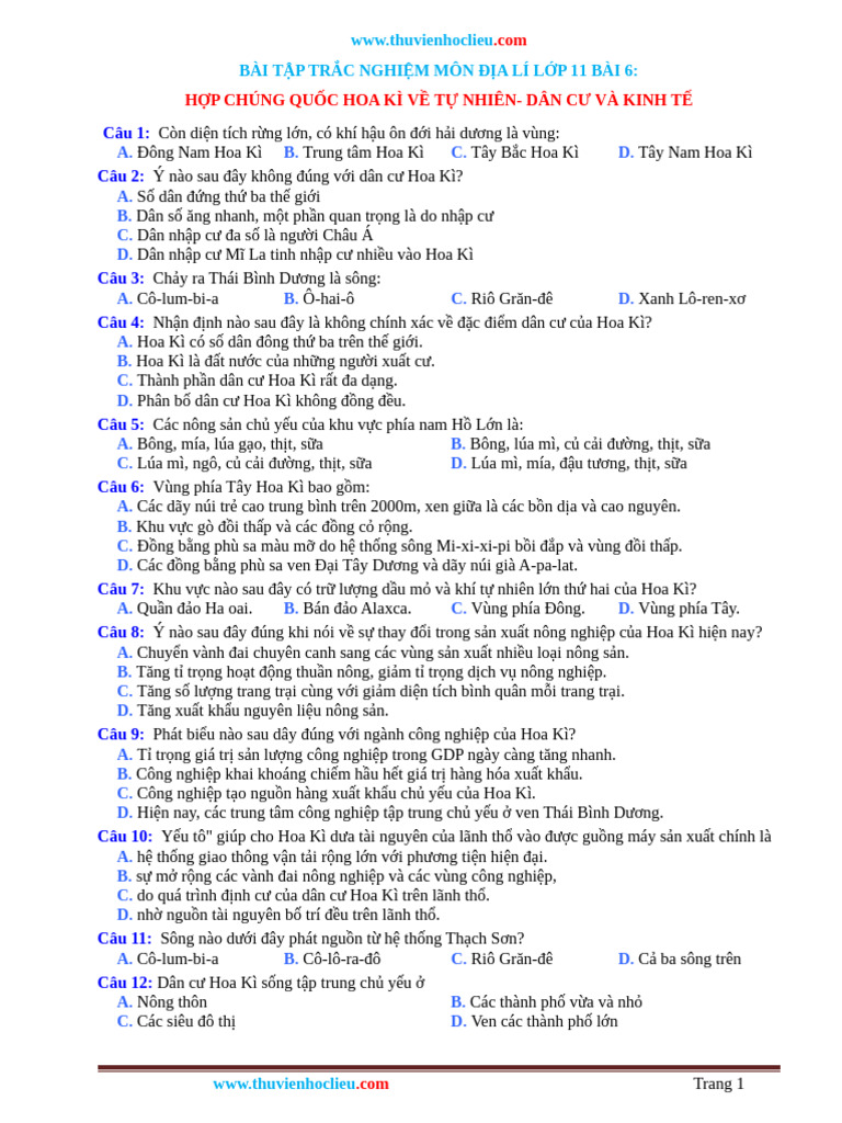 thuvienhoclieu.com-Trac-Nghiem-Dia-li-11-Bai-6 | PDF