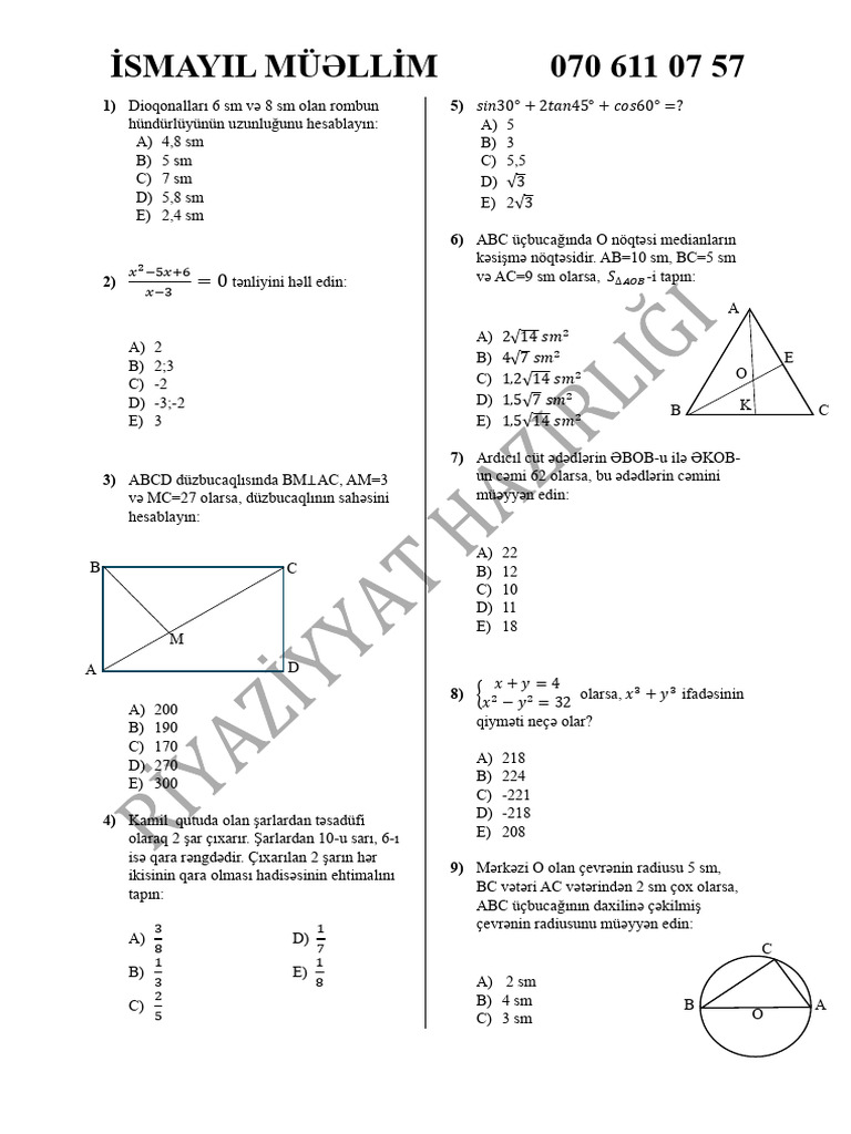 9-Cu Sinif Buraxılış Riyaziyyat (Sınaq 1) | PDF