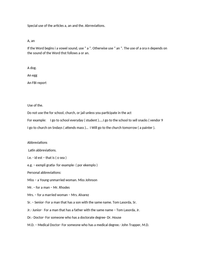 Special Use of The Articles A, An, Abbreviations | PDF