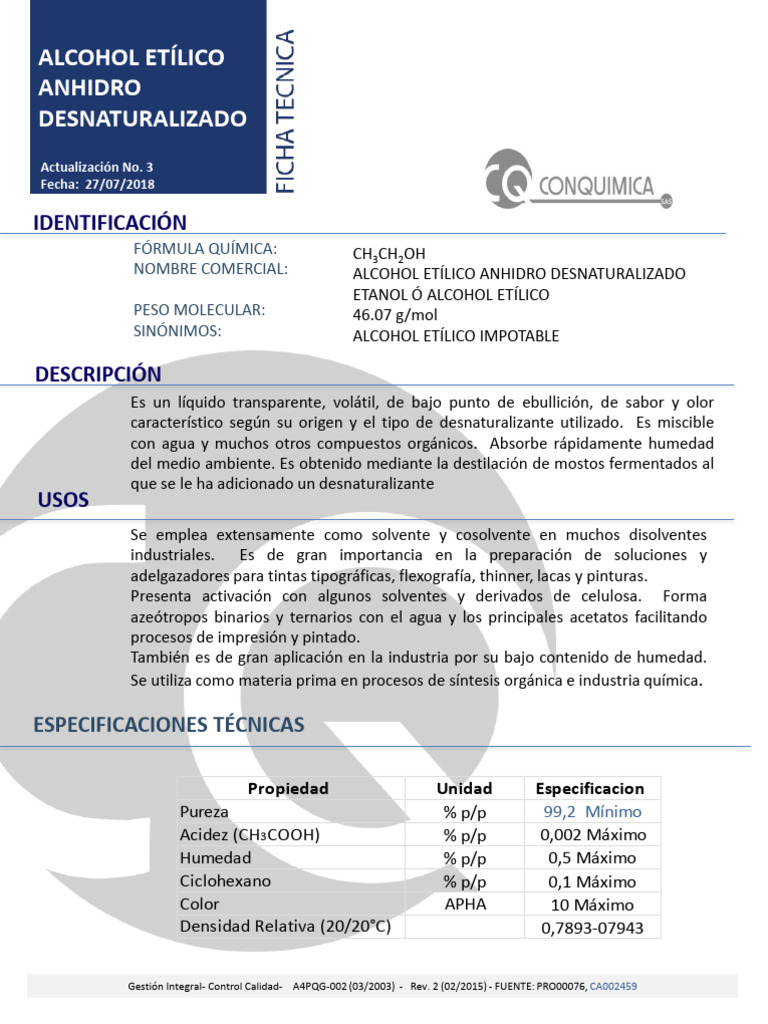 FT Alcohol Etilico Anhidro Desnaturalizado | PDF | Etanol | Química