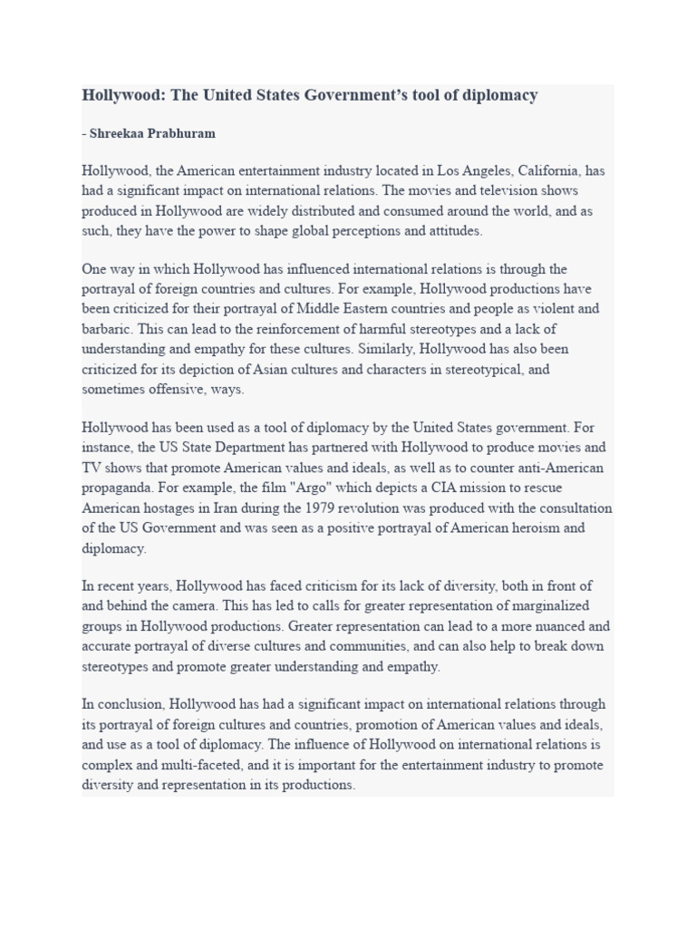 Hollywood - The United States Government's Tool of Diplomacy | PDF